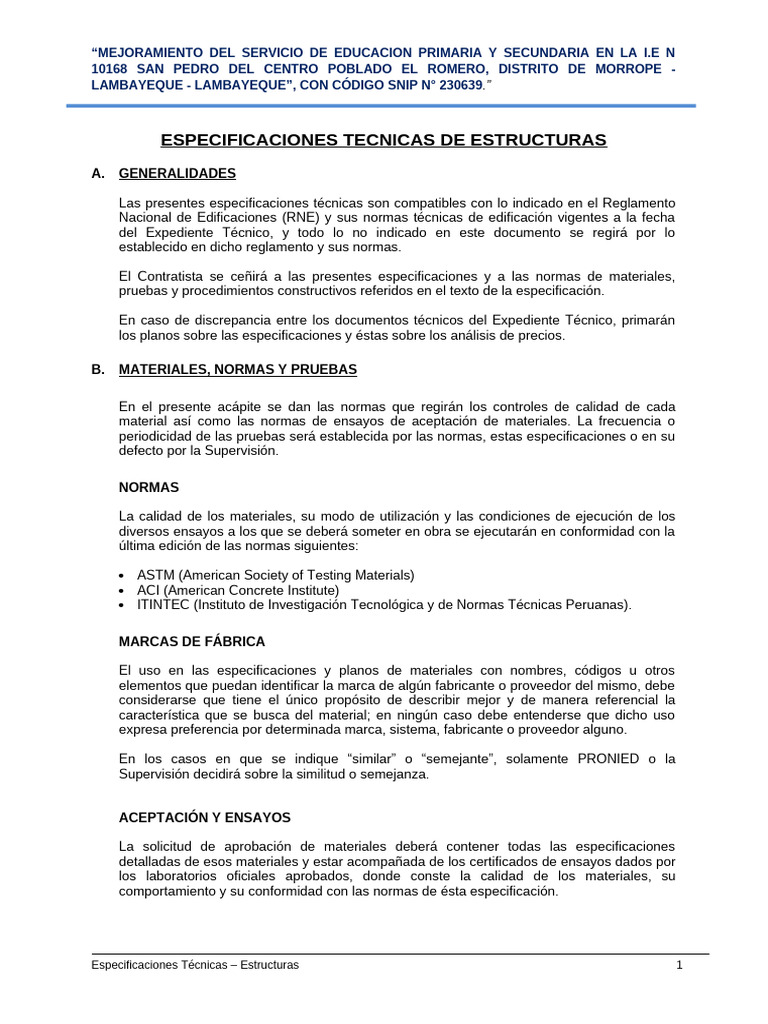 ESPEC. TECNICAS ESTRUCTURAS | PDF | Fundación (Ingeniería) | Hormigón