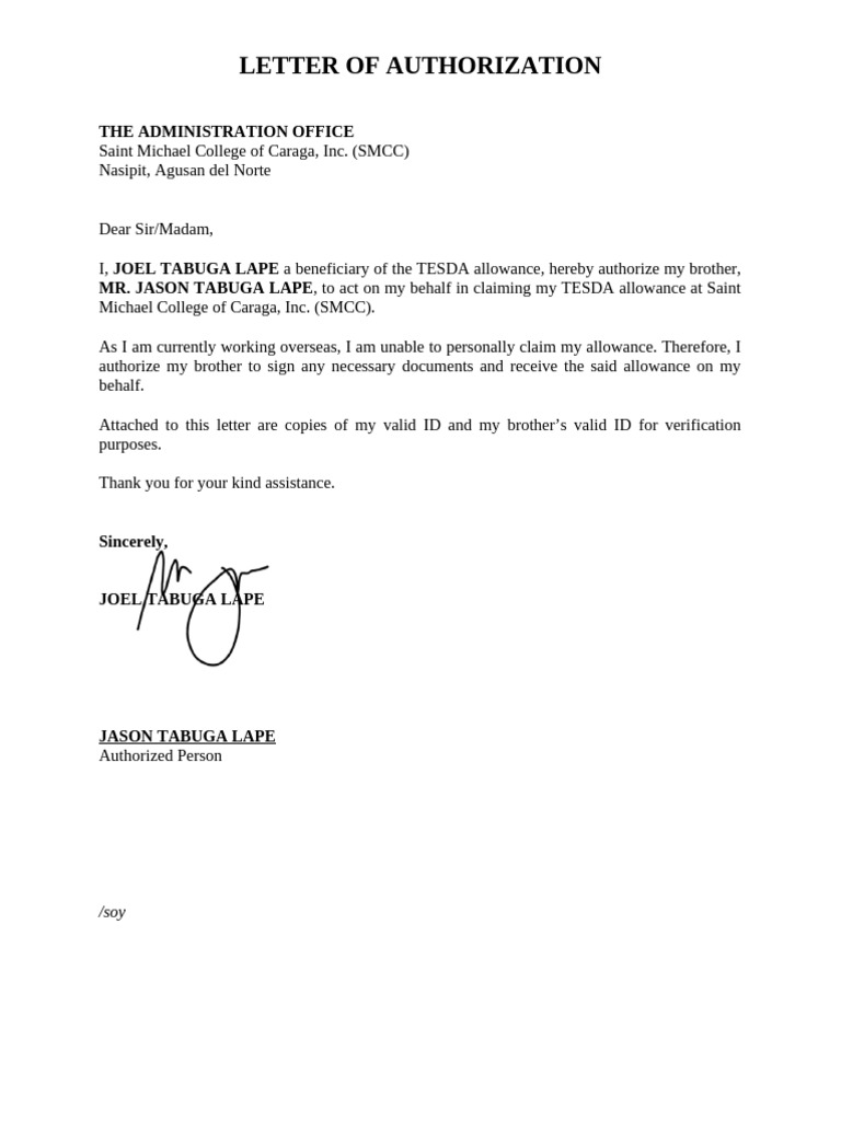 TESDA Allowance Authorization Letter | PDF