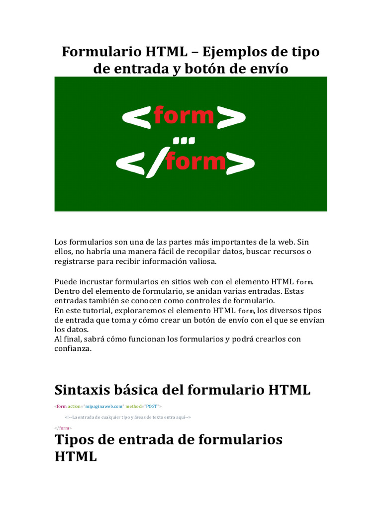 Formulario HTML Formulario HTML - Ejemplos de Tipo de Entrada y Botón de Envío | PDF | Servidor ...