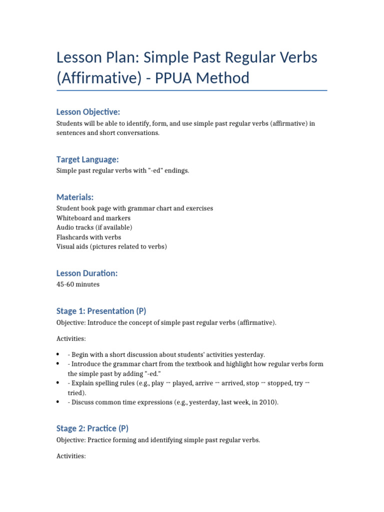Simple Past Regular Verbs Lesson Plan | PDF