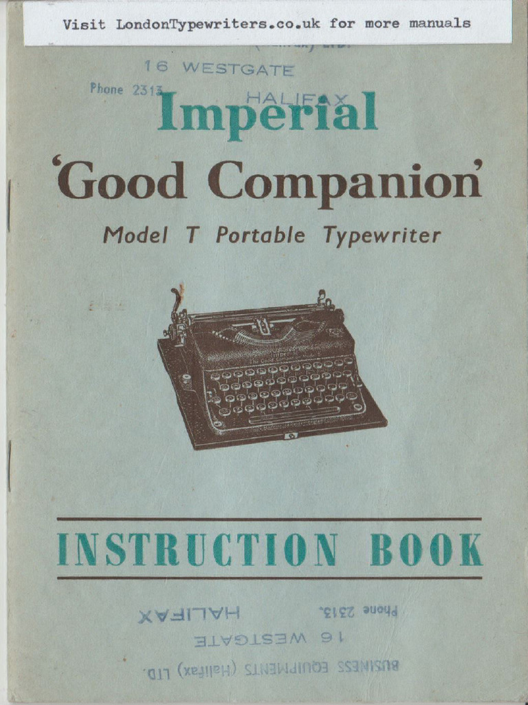 London Typewriters Imperial Good Companion Model T Instruction Manual ...