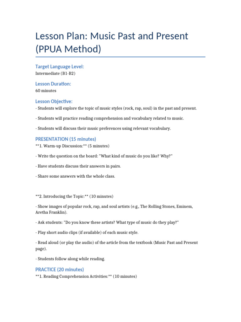 Music Past and Present Lesson Plan | PDF | Reading Comprehension ...