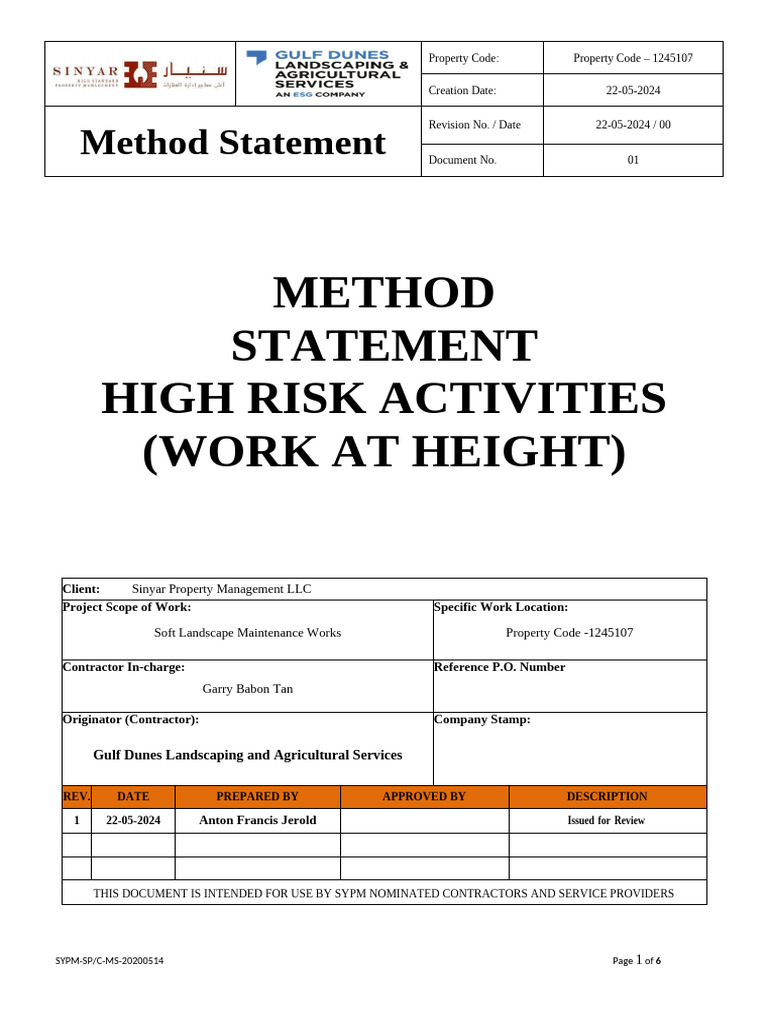 High-Risk Work Method Statement for Landscaping | PDF | Safety | Occupational Safety And Health