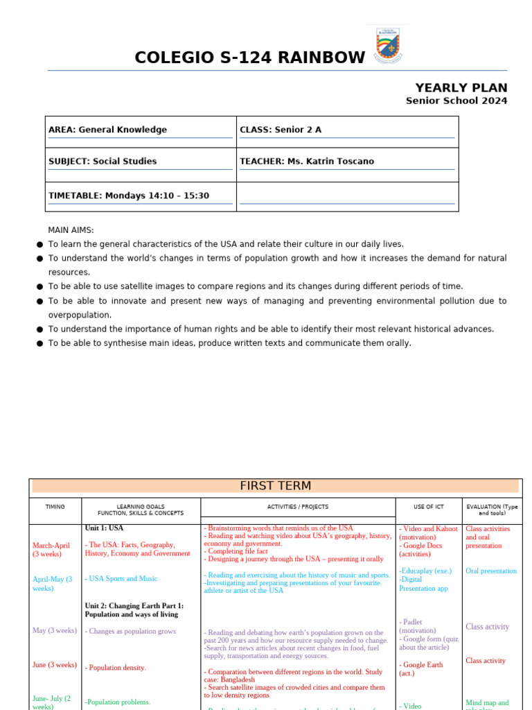 2024 YEARLY PLAN SENIOR 2A Social Studies | PDF