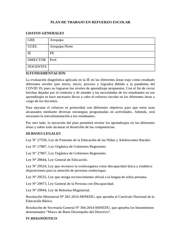 Esquema Del Plan de Refuerzo Escolar | PDF | Evaluación | Aprendizaje