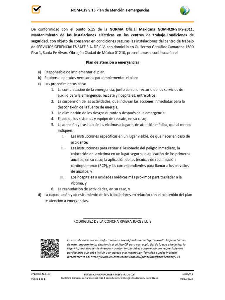 NOM-029-5.15 Plan de Atención A Emergencias | PDF | Reanimación cardiopulmonar