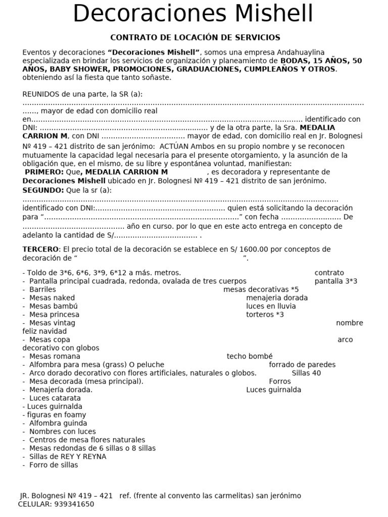 Contrato de Servicios Decorativos Mishell | PDF
