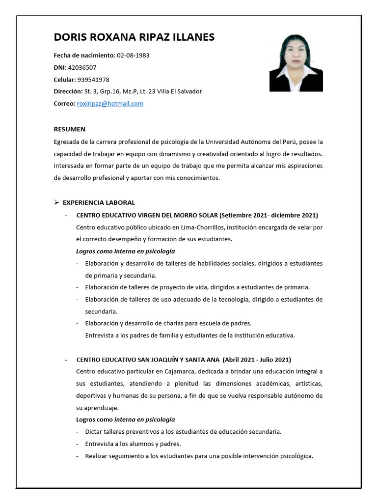Cv-Doris Ripaz | PDF | Sicología | Terapia