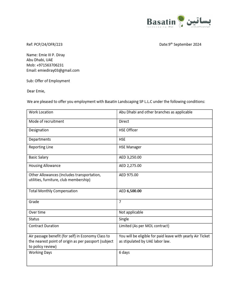 Basatin Landscaping Job Offer Details | PDF | Employment | Intellectual ...
