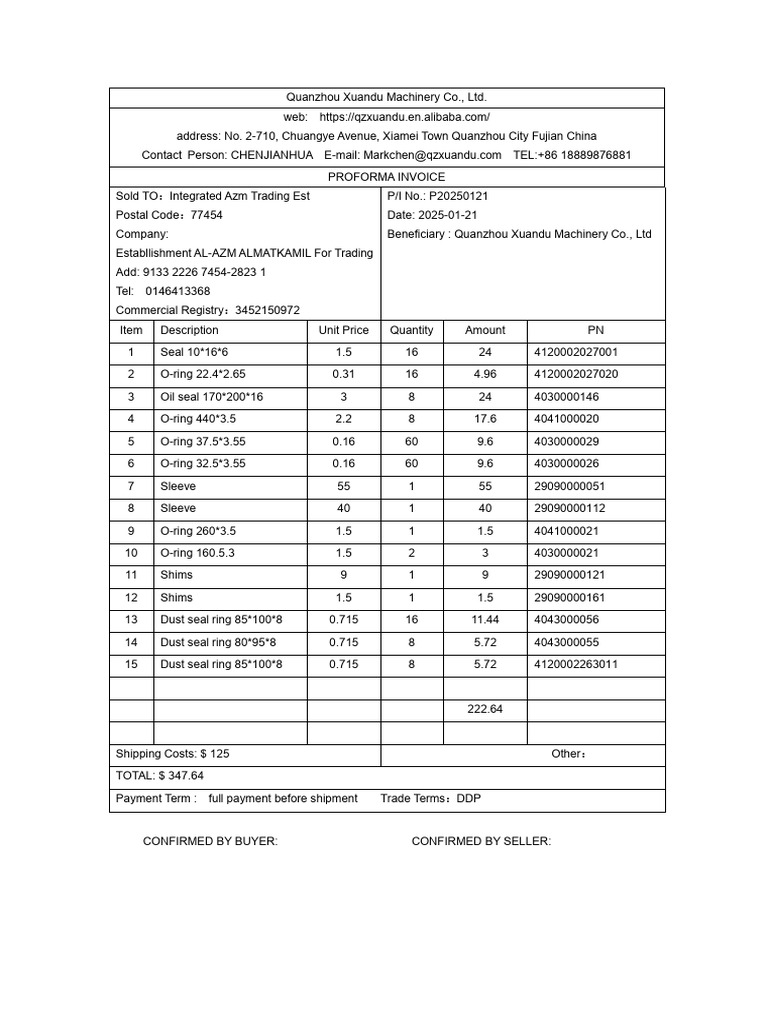 KSA PROFORMA INVOICE 2025-01-21 SDLG 958L Parts 347.64 | PDF | Invoice ...