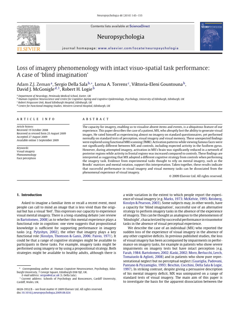 2010 Loss of Imagery Phenomenology With Intact Visuo-Spatial Task ...