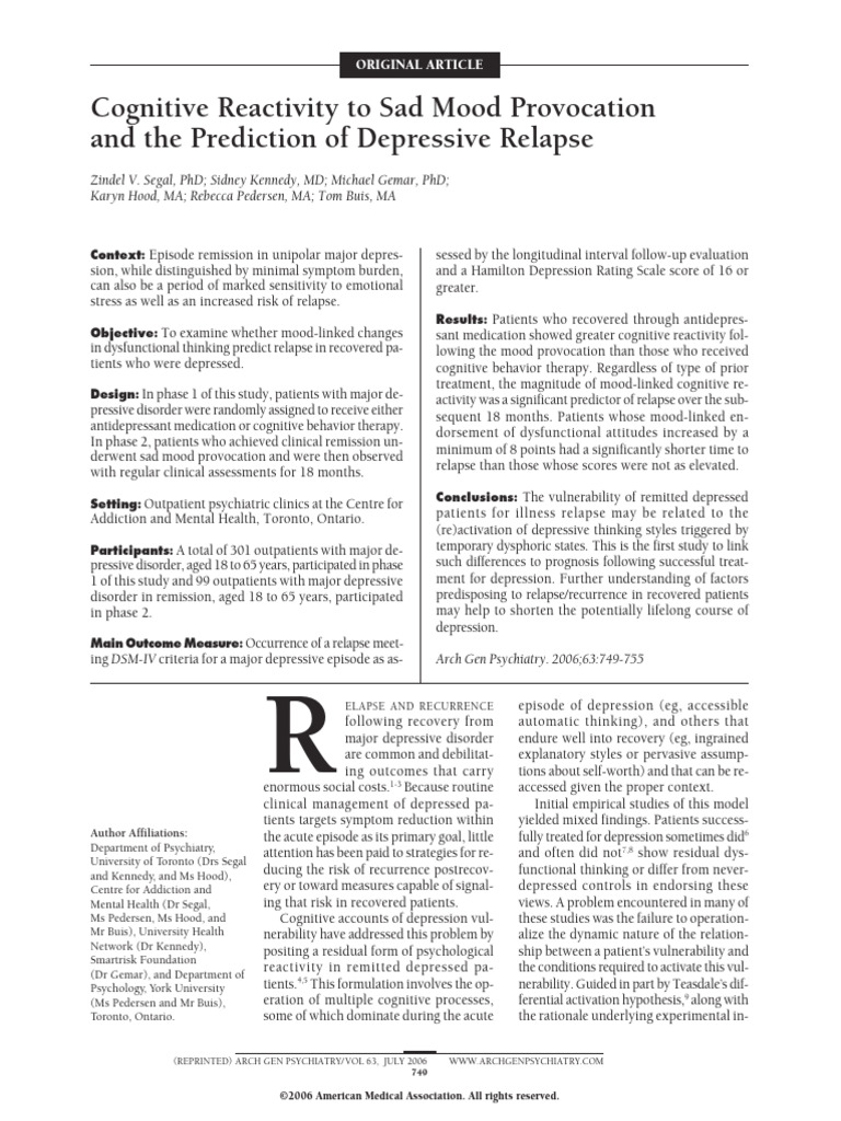 2-Cogntive Reactivity (Segal, 2006) | PDF | Major Depressive Disorder ...