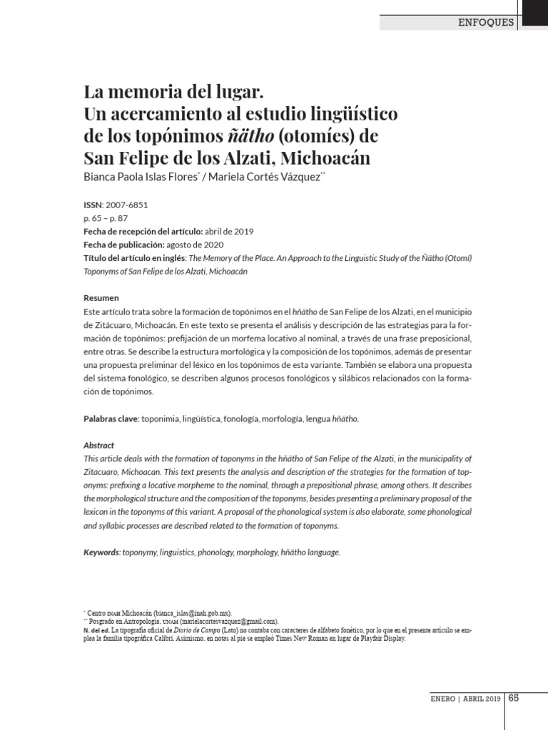 Toponimia Ñätho en San Felipe, Michoacán | PDF | Sílaba | Fonema
