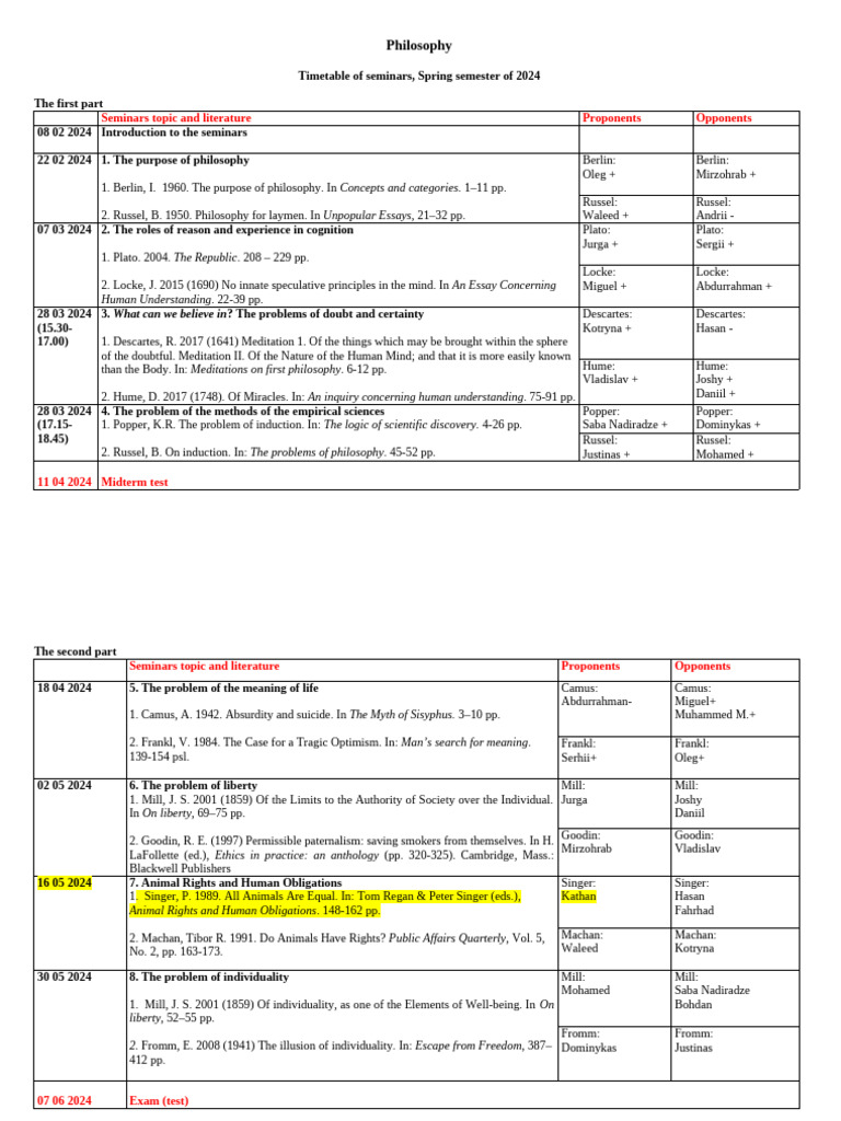 Philosophy Seminar Schedule 2024 | PDF | David Hume | René Descartes