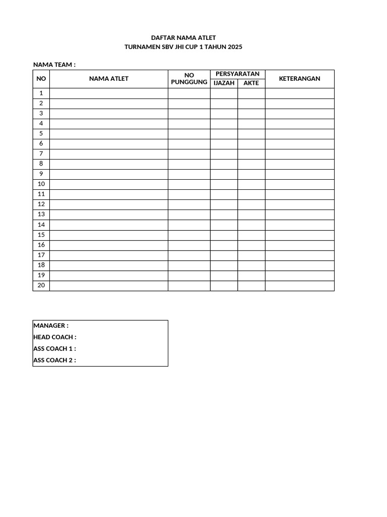 Daftar Nama Atlet SBV JHI Cup 2025 | PDF