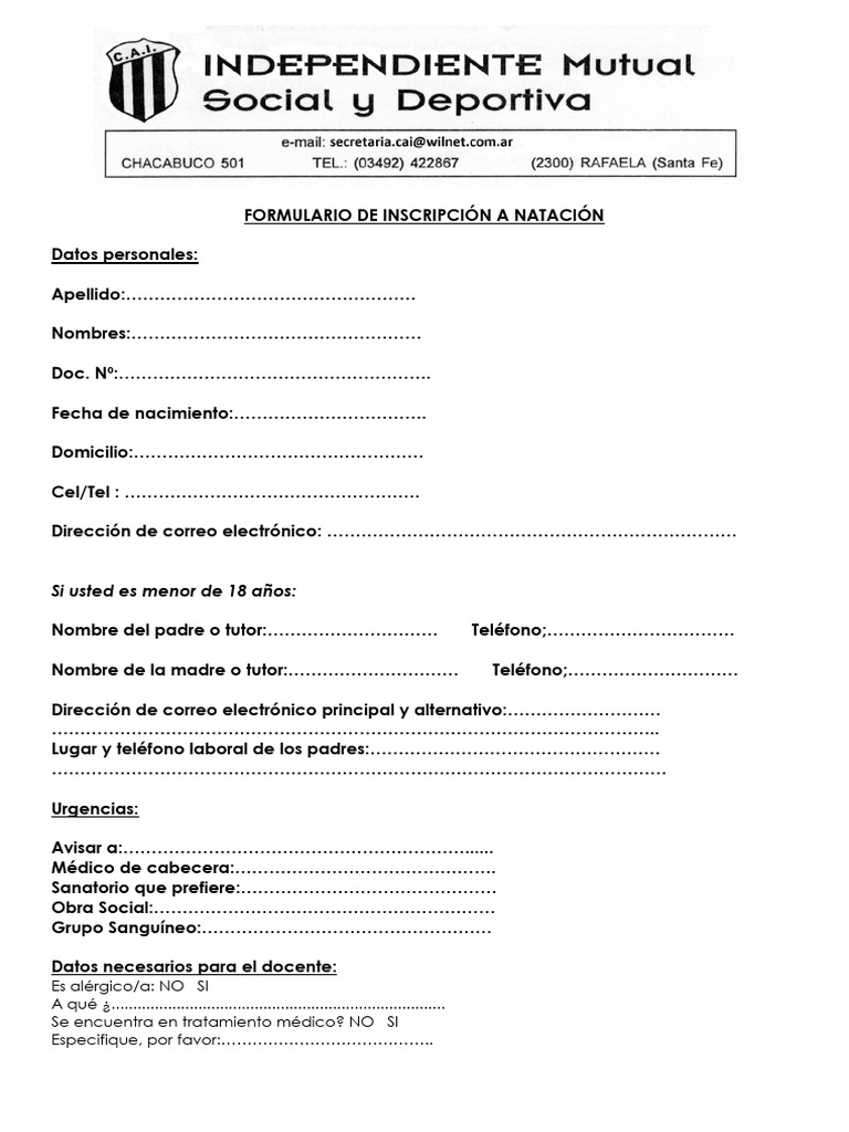 Formulario Inscripción Natación | PDF