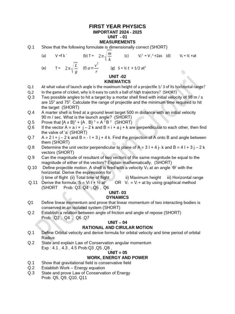 First Year Physics Syllabus 2025 | PDF | Capacitor | Velocity