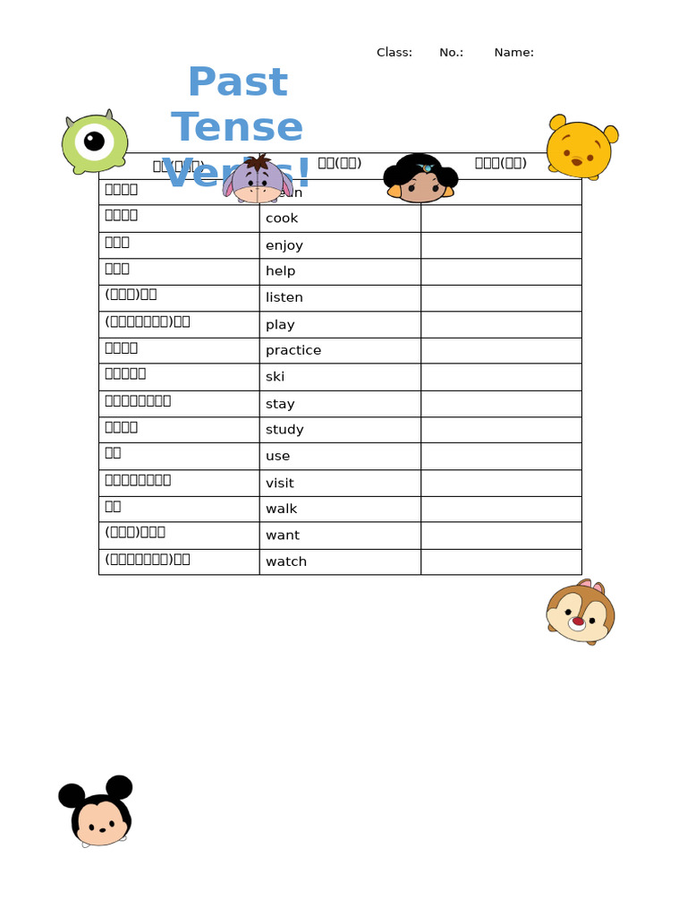 Regular Past Tense Verb Table (Past Tense Fill in Only) | PDF