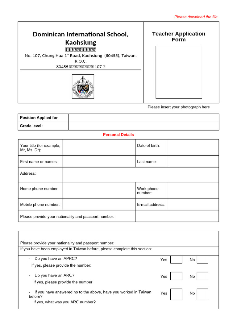 23-24 Blank DISK Teacher Application Form | PDF | Disability