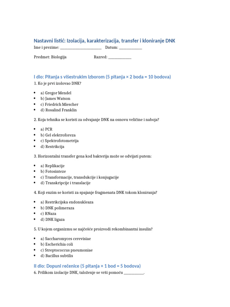 Nastavni Listic DNK-1 | PDF