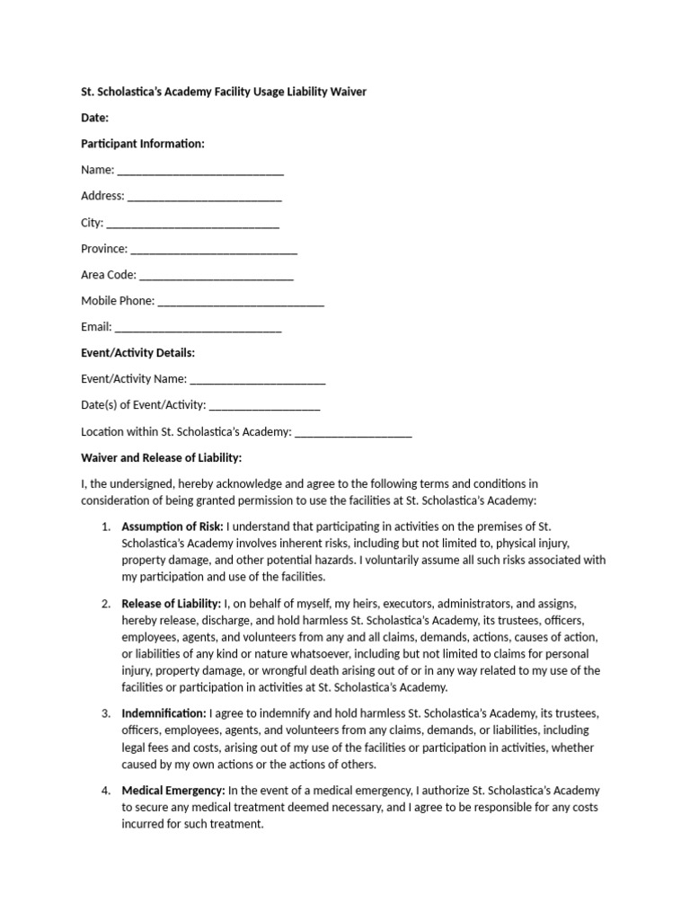 St. Scholastica Academy Liability Waiver | PDF | Indemnity | Civil Law (Legal System)