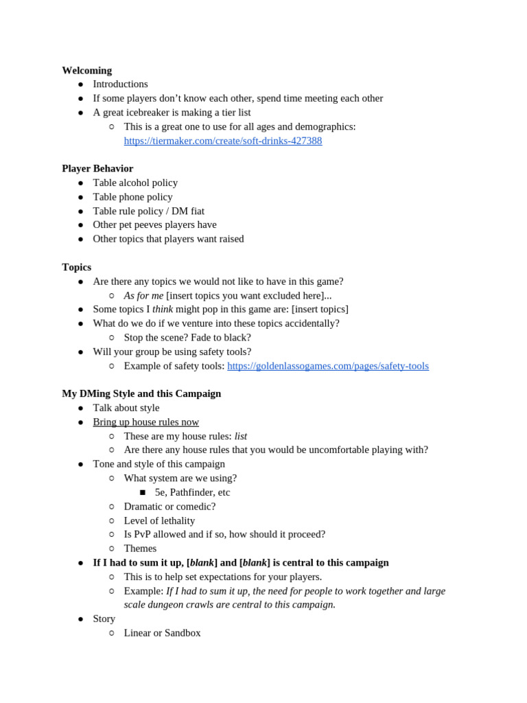 Session Zero Checklist for D&D | PDF