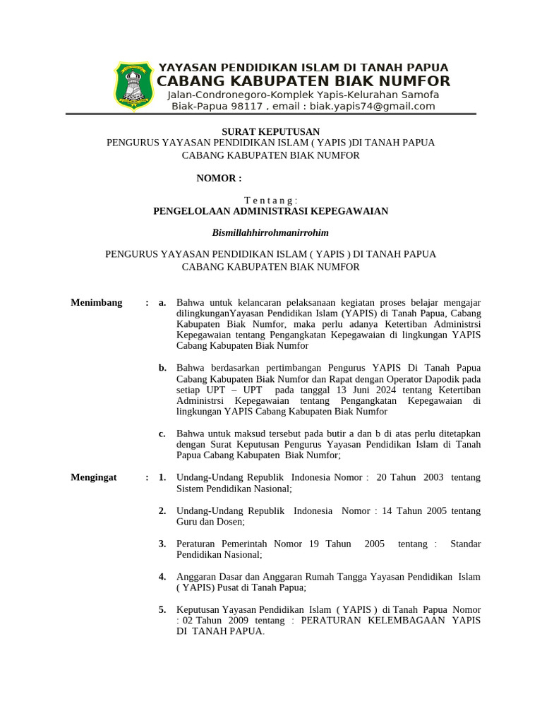 Aturan Pengangkatan Kepegawaian Yayasan | PDF