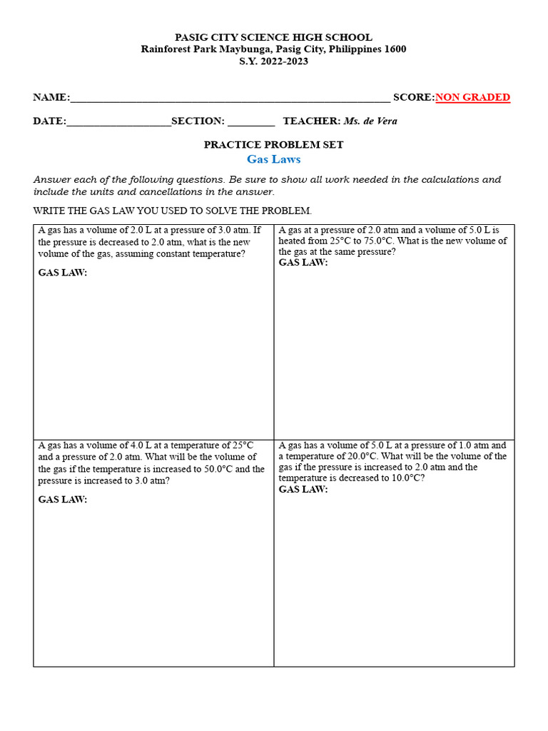 Practice Problem Set 1 Gas Law | PDF | Gases | Temperature