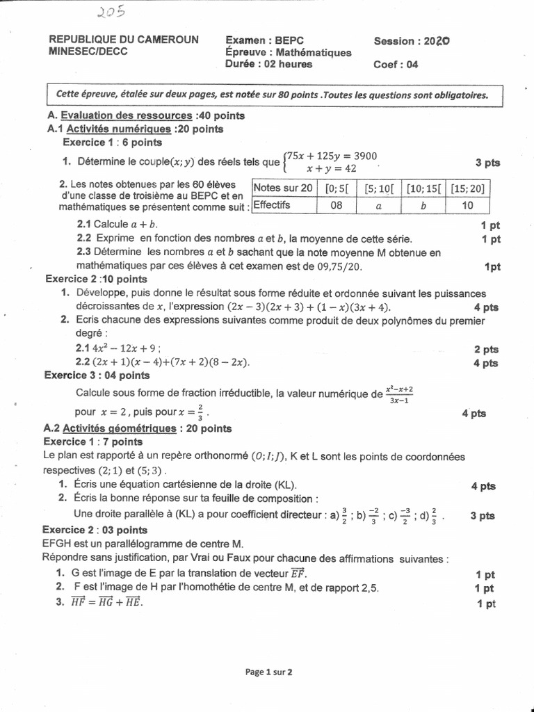 BEPC_Cameroun-2020_Maths | PDF