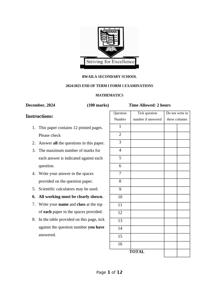 Mathematics Exam Form 1 Bwaila Secondary School | PDF | Mathematics ...