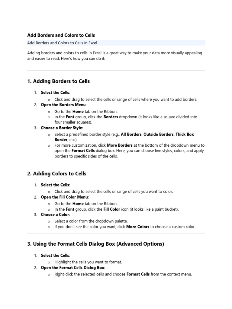 Add Borders and Colors To Cells | PDF