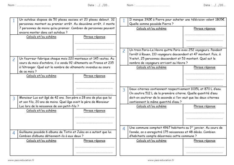 Problèmes d'addition et soustraction CM2 | PDF