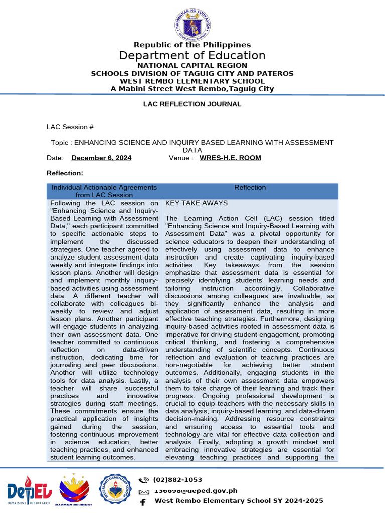 Lac - Reflection in Science | PDF | Inquiry Based Learning | Teachers