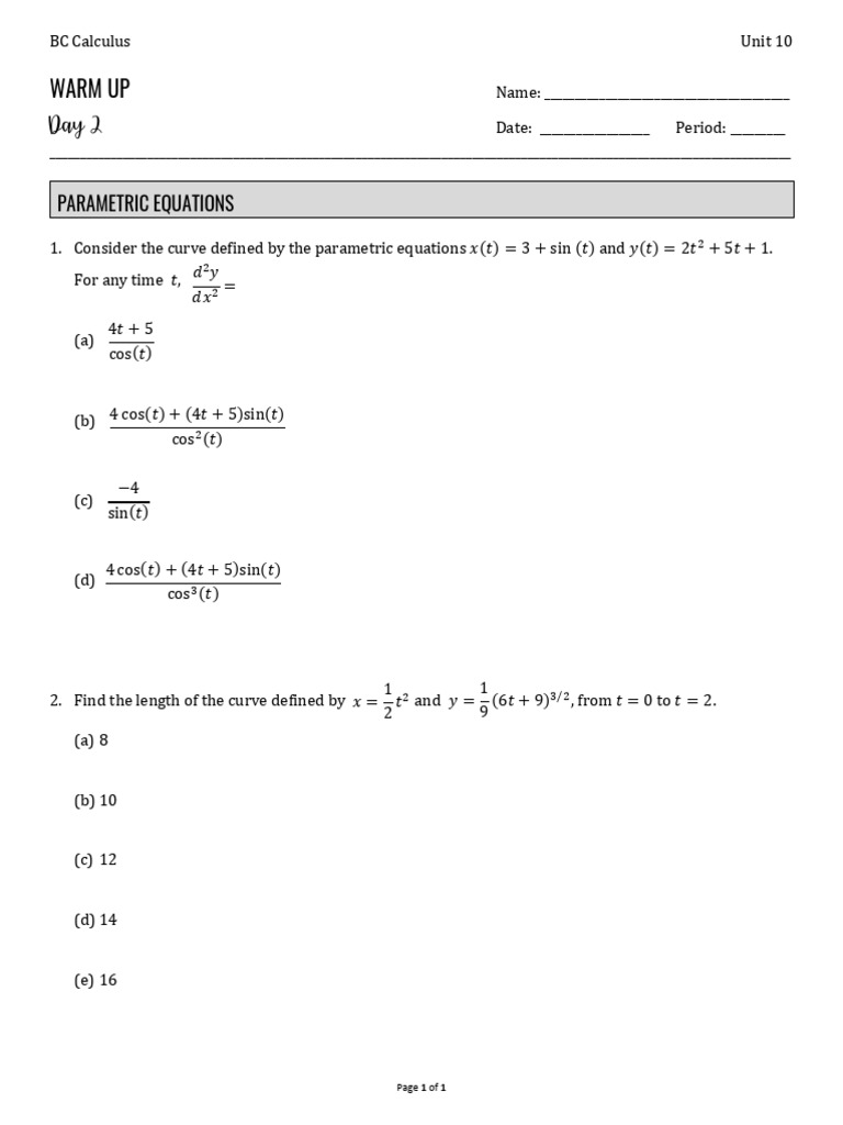 Parametric Equations Warm-Up | PDF
