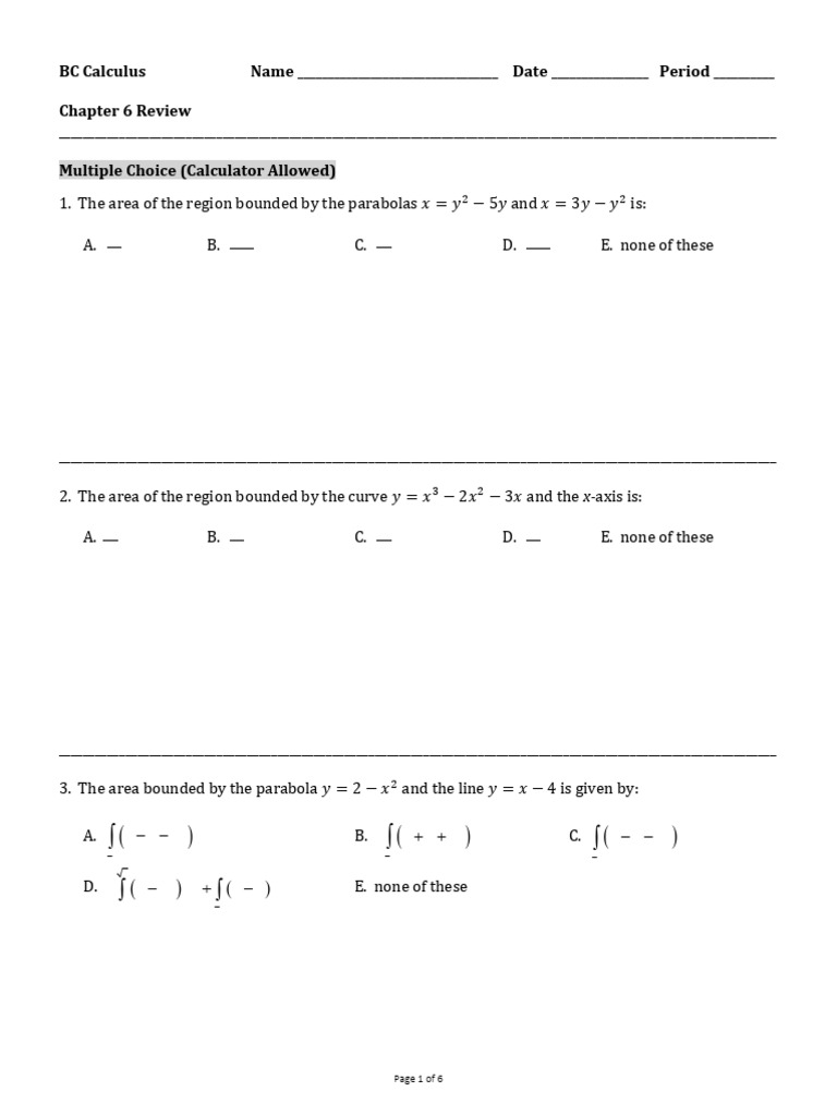 BC Calculus Chapter 6 Review Questions | PDF | Cartesian Coordinate ...
