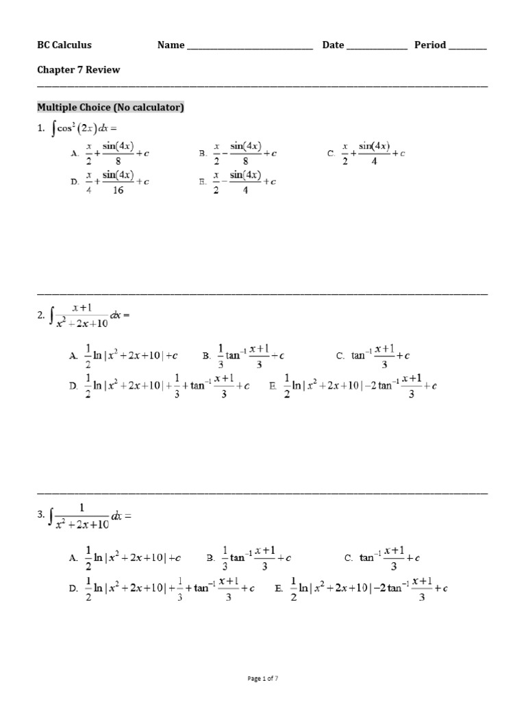 Bc Calc Unit 7 Review Integration By Parts Trig Integration Partial Fraction Decomp Pdf