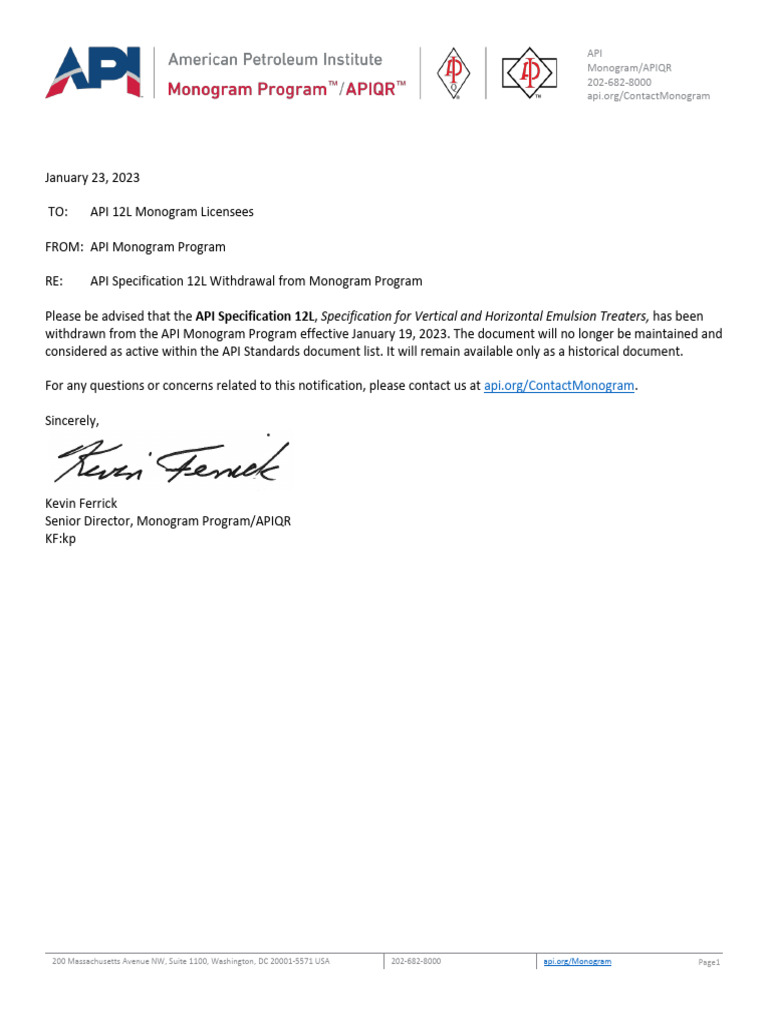 API Specification 12L Withdrawn From Monogram Program 20230123 | PDF