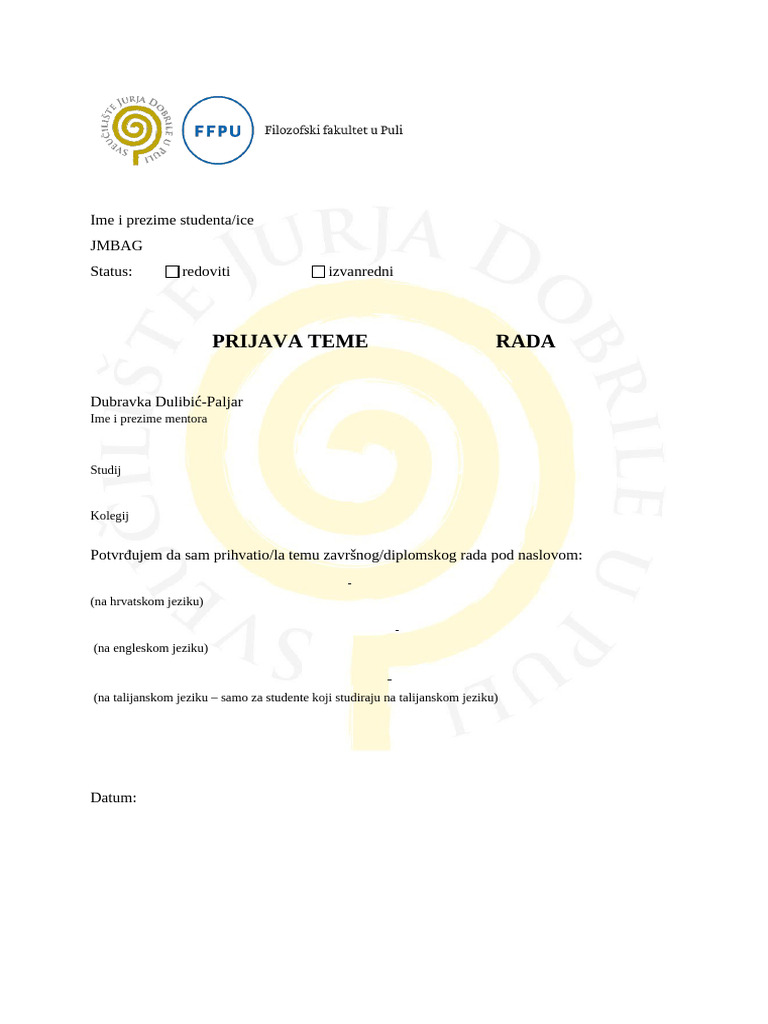FFPU Obrazac Za Prijavu Teme Zavrsnog-Diplomskog Rada | PDF