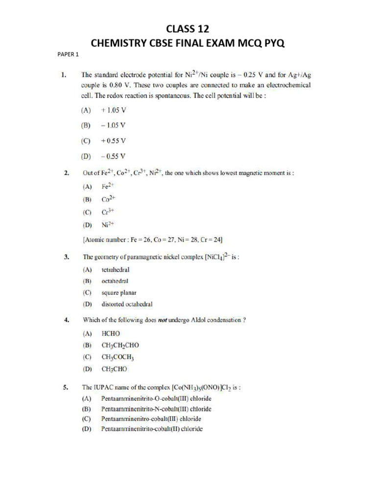 Class 12 Chemistry CBSE MCQ Papers | PDF | Government Of India ...