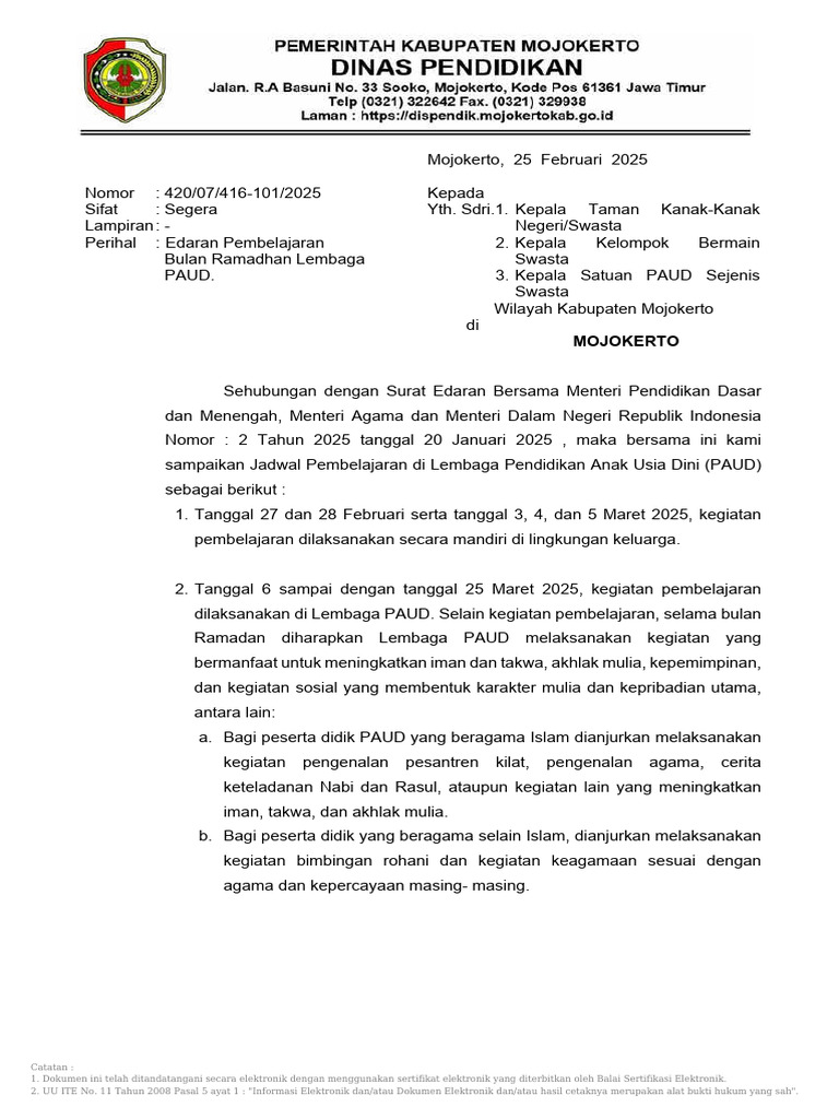 Edaran Ramadhan PAUD | PDF