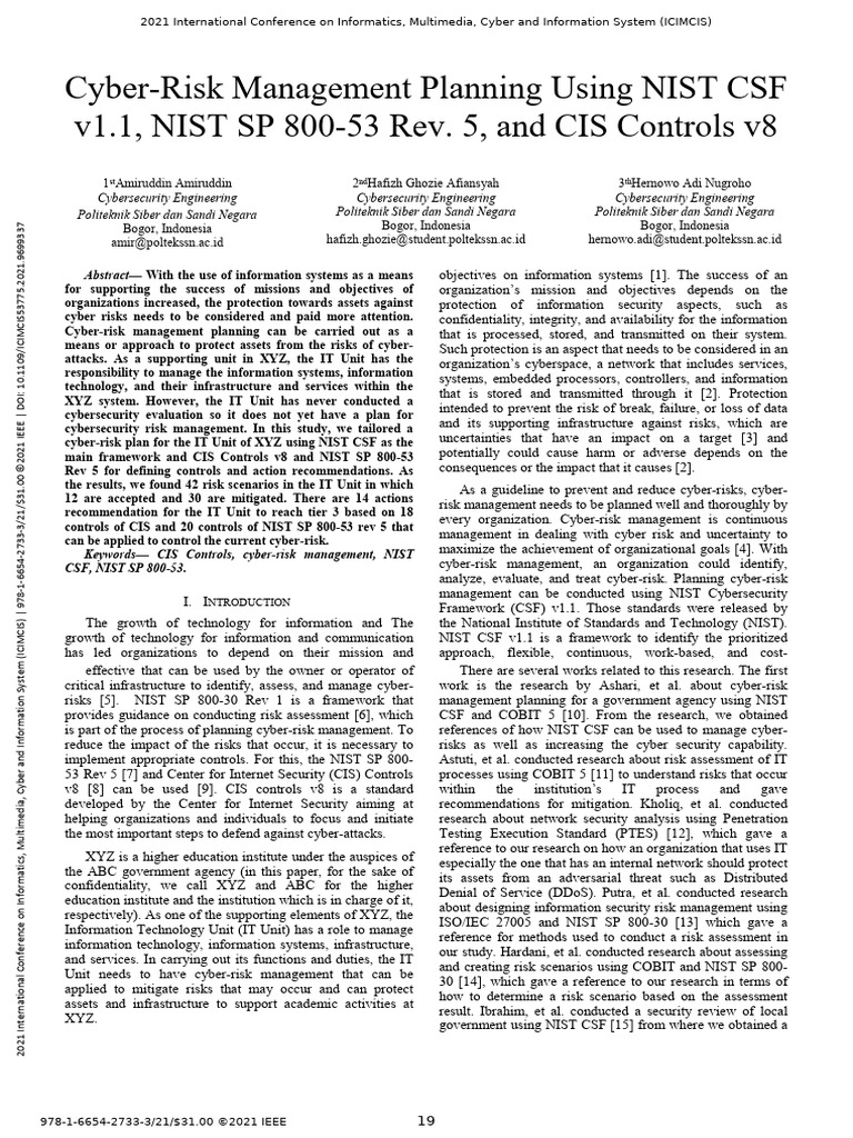 Cyber-Risk Management Planning Using NIST CSF v1.1 NIST SP 800-53 Rev ...