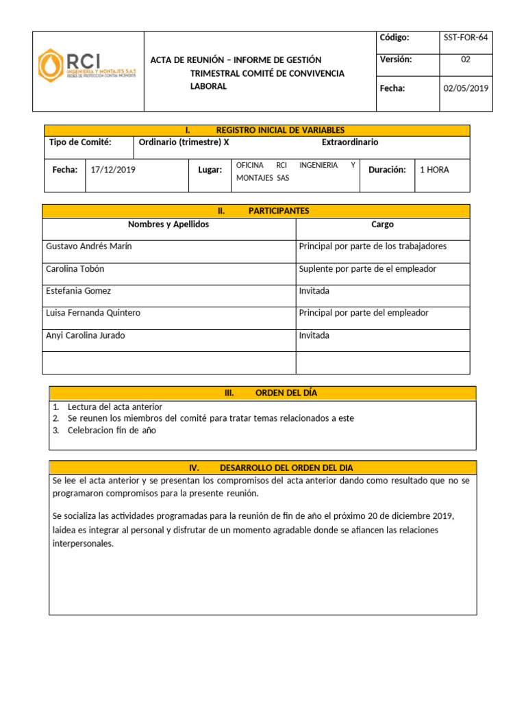 Acta de Reunion Informe de Gestion Trime | PDF