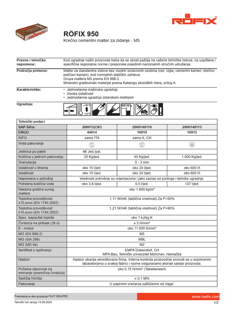 TM RÖFIX 950 Krečno Cementni Malter Za Zidanje M5 SR | PDF