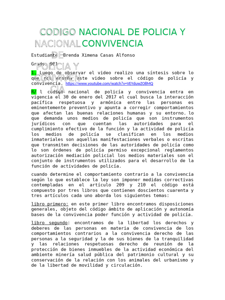 Código Nacional De Policía Y Convivencia Pdf Policía Comportamiento