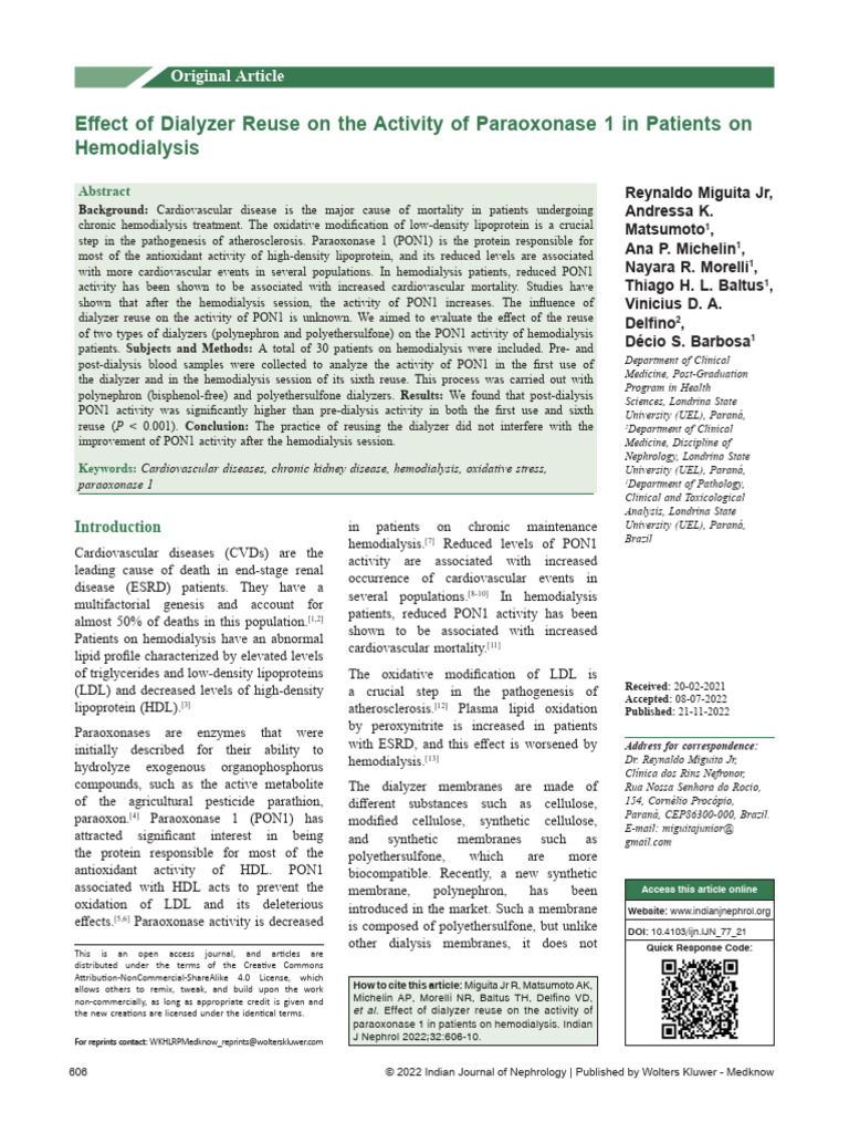 effect_of_dialyzer_reuse_on_the_activity_of.16 | PDF | Hemodialysis | Analysis Of Variance