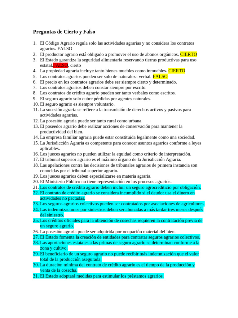 Preguntas de Cierto y Falso Agrario | PDF | Póliza de seguros | Agricultura