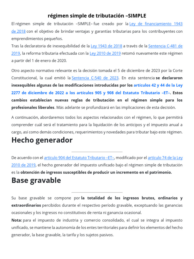 Régimen Simple de Tributación 2024: Guía | PDF | Impuestos | Impuesto ...