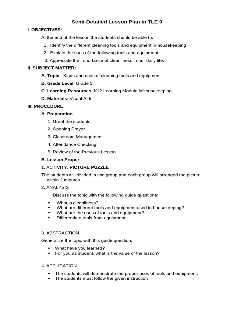 Housekeeping Tools Lesson Plan for Grade 9 | PDF