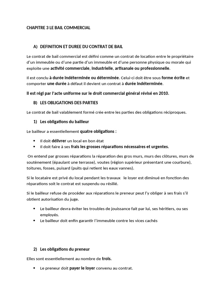 Contrat de Bail Commercial : Obligations et Durée | PDF | Location
