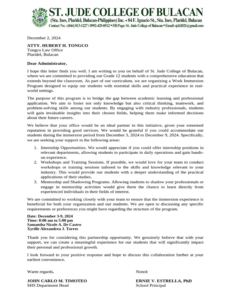 Work-Immersion-Letter-1 | PDF | Pedagogy | Intelligence